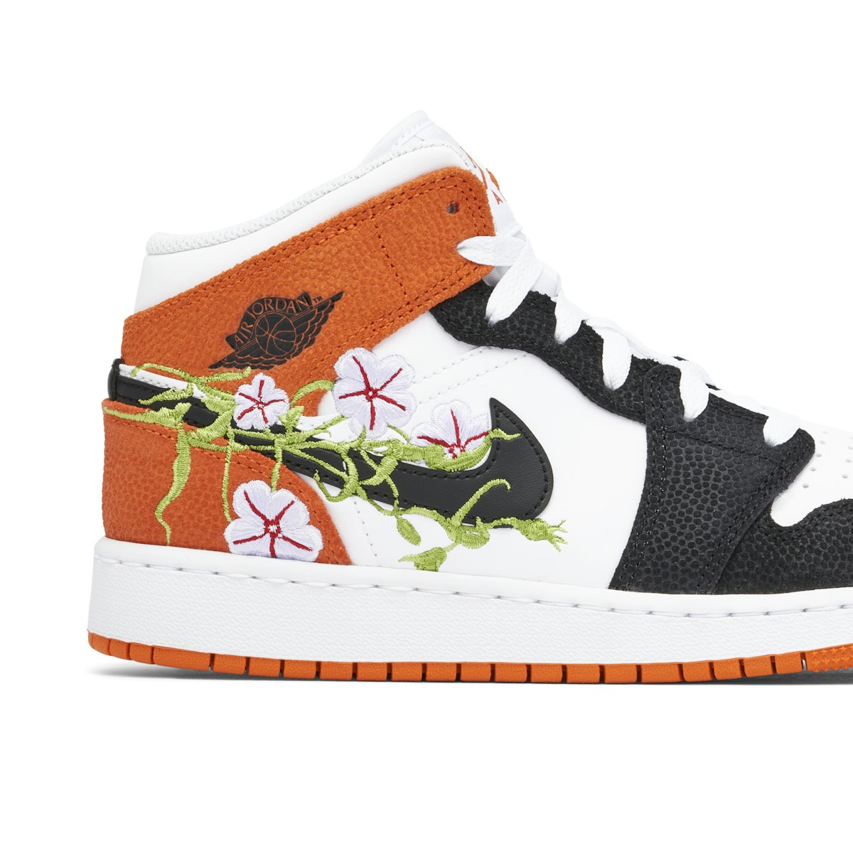 Air Jordan 1 Mid Floral Embroidery Black Orange GS | DQ8390-100 | Laced